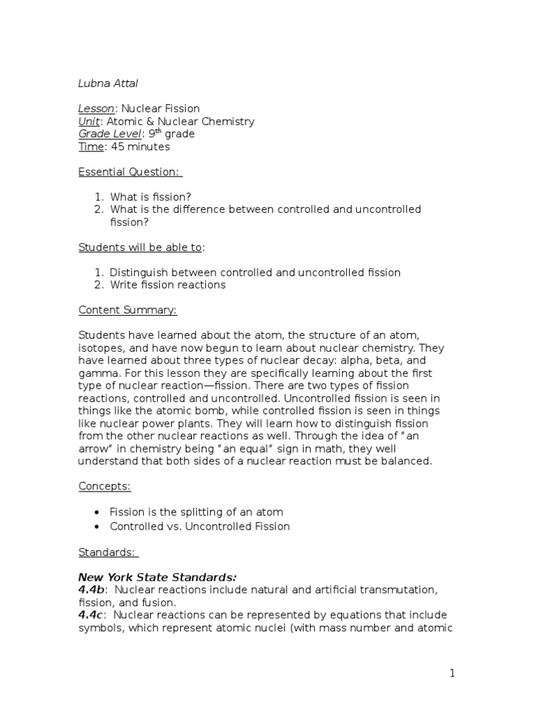 Fission Lesson Plan | PDF | Nuclear Physics | Nuclear Fission