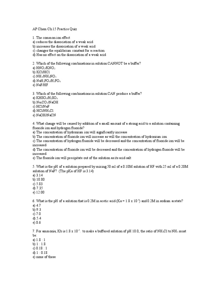 AP Chem CH 15 Practice Quiz | PDF | Precipitation (Chemistry) | Acid
