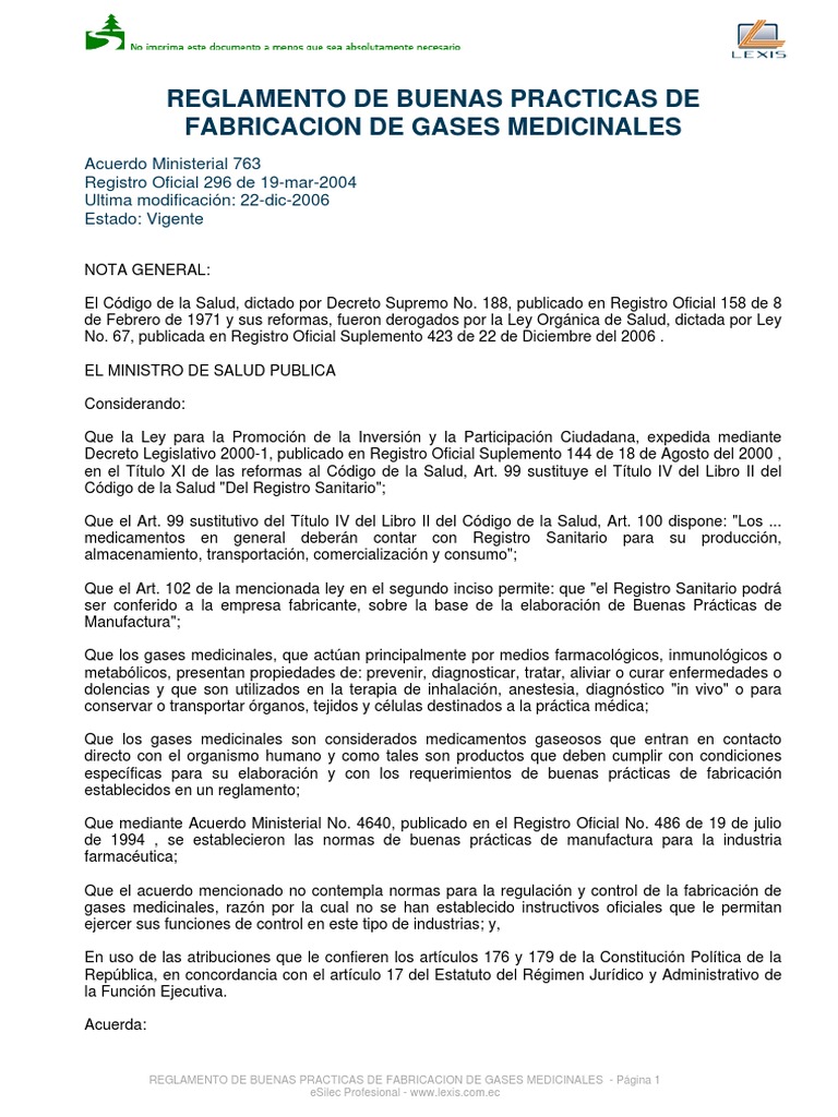 Reglamento de BPM Gases Medicinales | PDF | Oxígeno | Calidad (comercial)