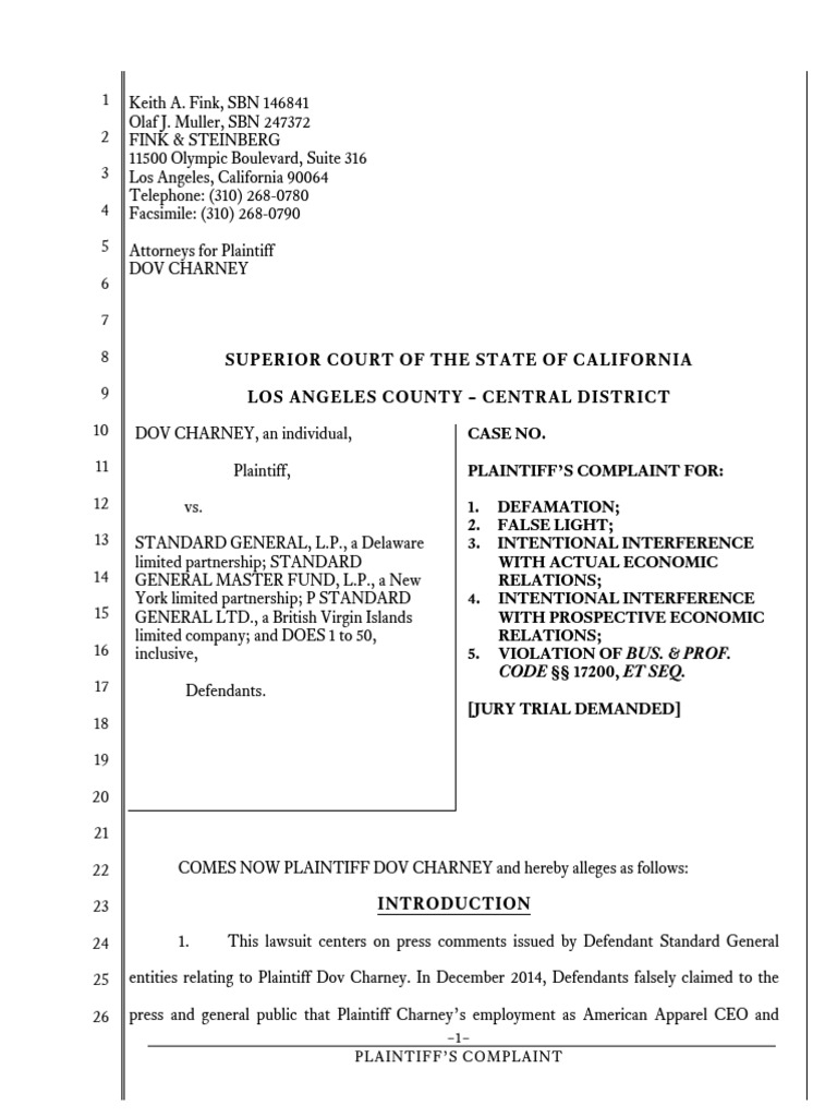 Charney Complaint | Defamation | Damages