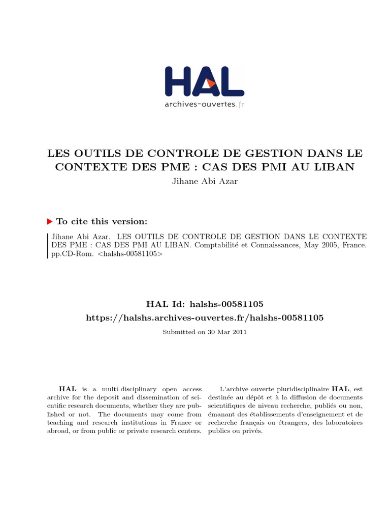 Les Outils De Controle De Gestion Dans Le Contexte Des Pme Pdf