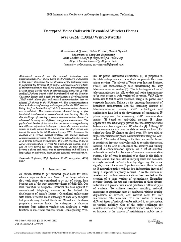 Encrypted Voice Calls With IP Enabled Wireless Phones Over GSM or CDMA ...