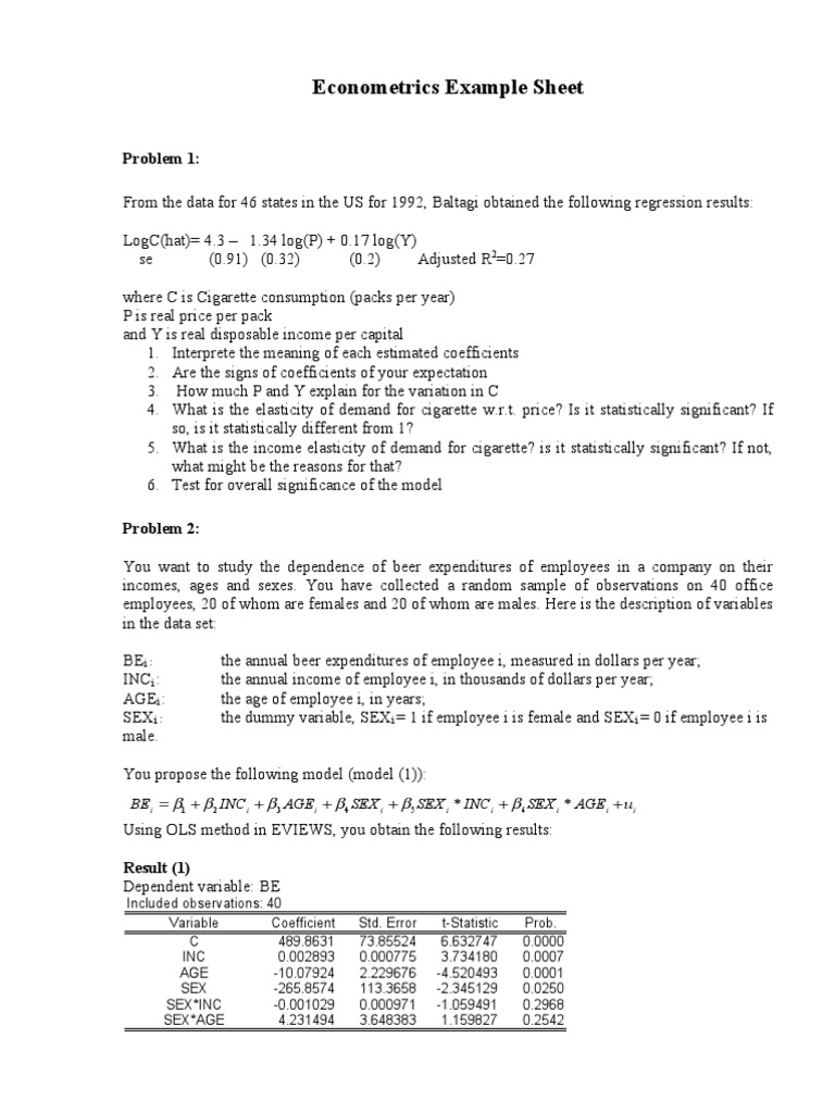 Example Sheet of Econometrics | PDF
