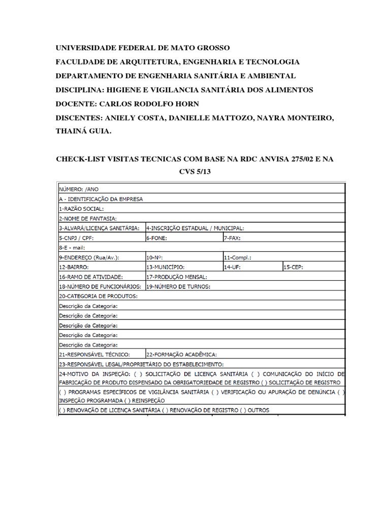 check-list para vigilancia sanitária cvs 5