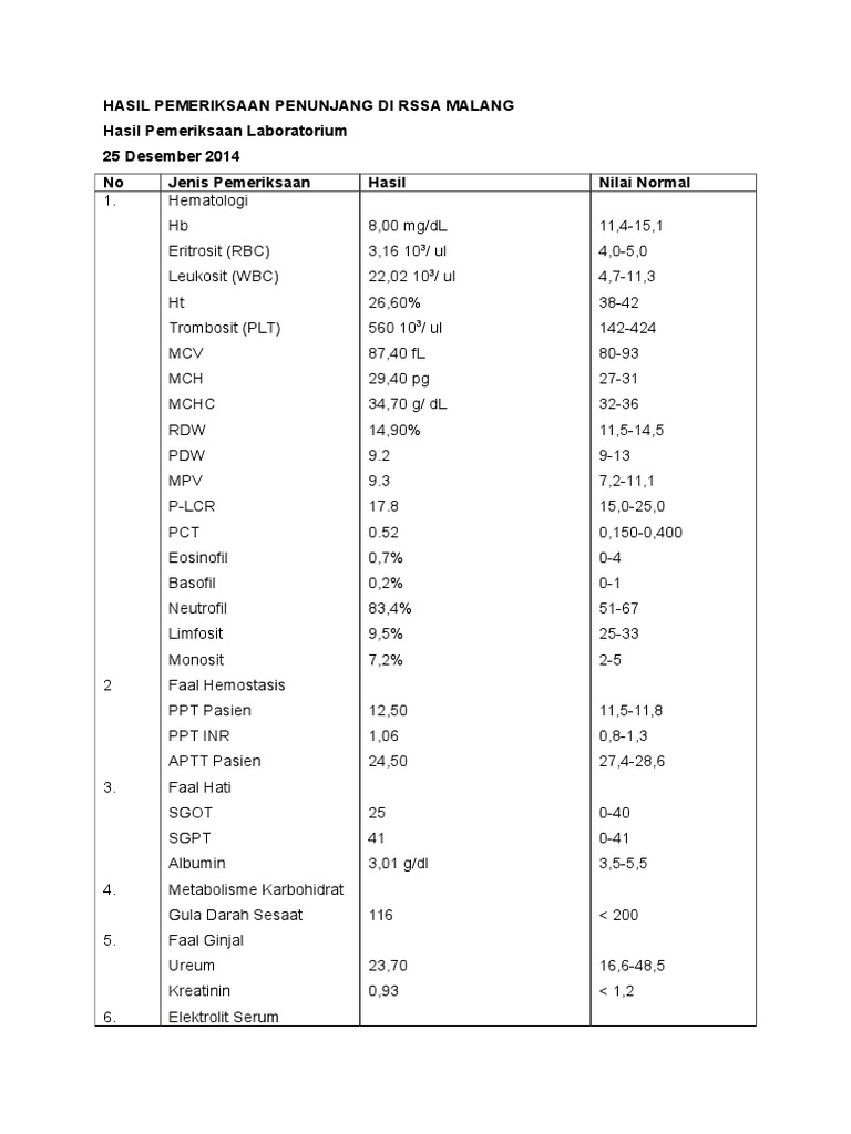 Hasil Lab Dan Nilai Normal | PDF