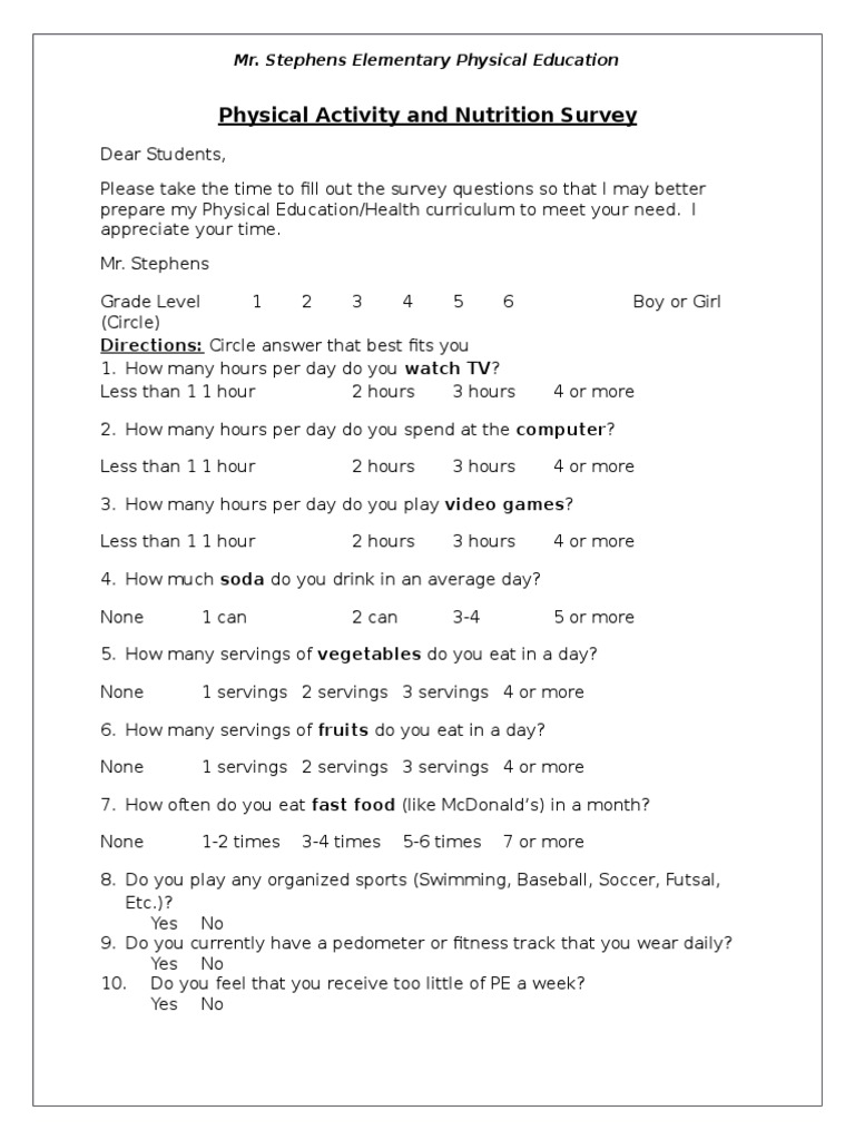 Physical Activity and Nutrition Survey | PDF | Physical Education ...