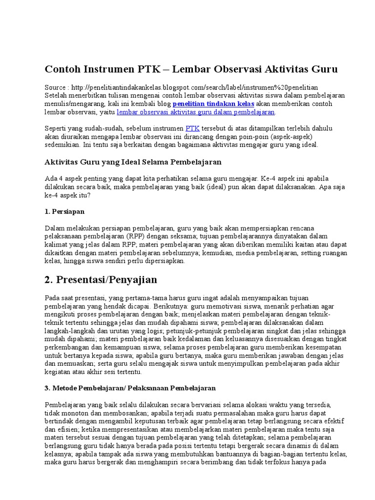 Contoh Instrumen PTK - Aktivitas Siswa | PDF