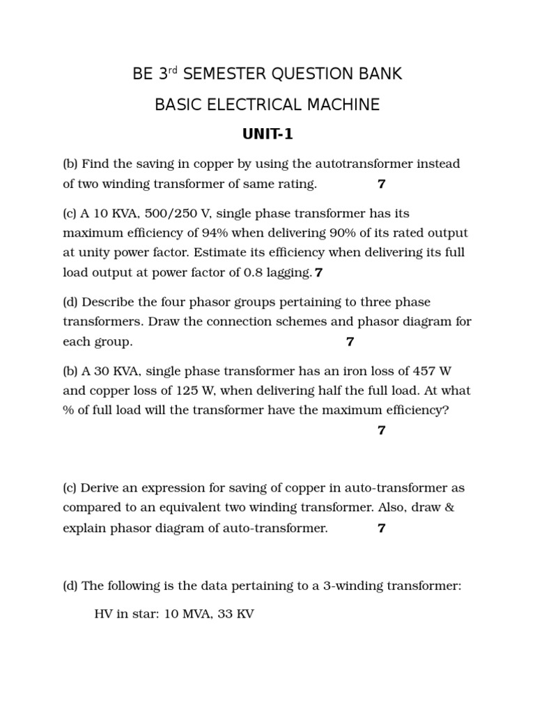 BE 3rd SEMESTER QUESTION BANK BASIC ELECTRICAL MACHINE UNIT-1 | PDF | Transformer | Electric ...