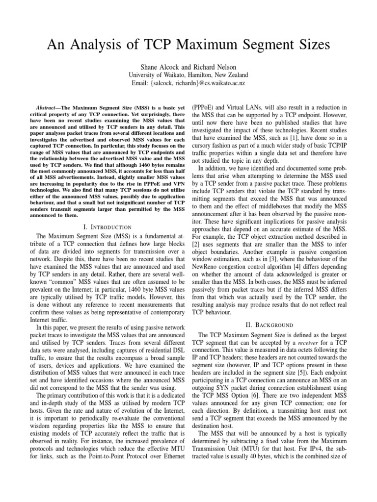 An Analysis Of Tcp Maximum Segment Sizes Tcp Mss Pdf Transmission