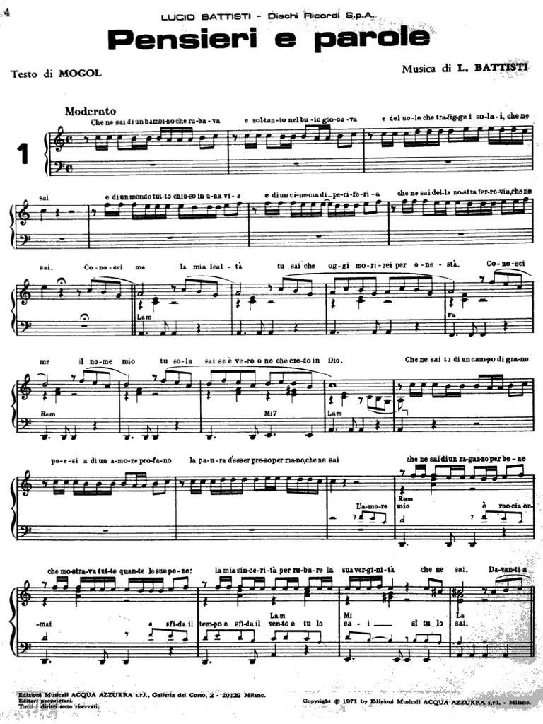 (Spartiti Pianoforte) Lucio Battisti - Pensieri E Parole | PDF