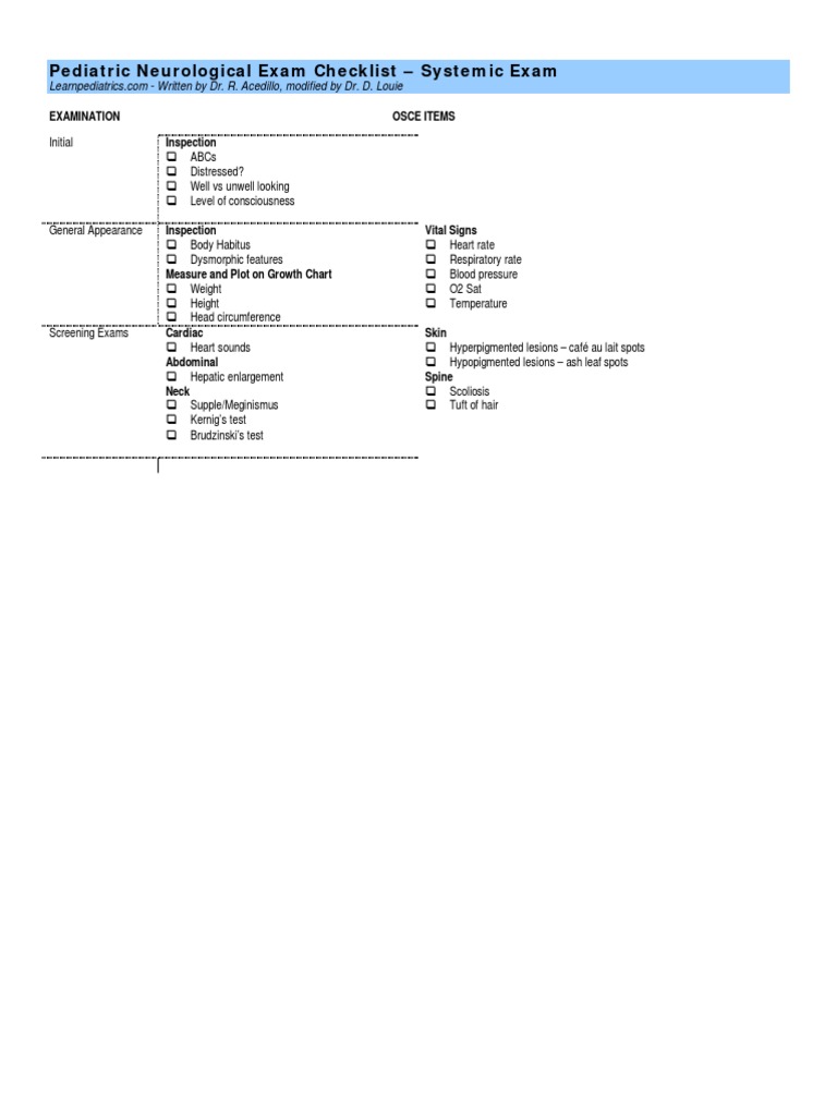 A Comprehensive Checklist for Performing a Pediatric Neurological ...
