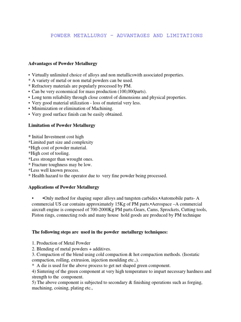 Powder Metallurgy Advantages and Limitations | PDF | Metallurgy | Metals