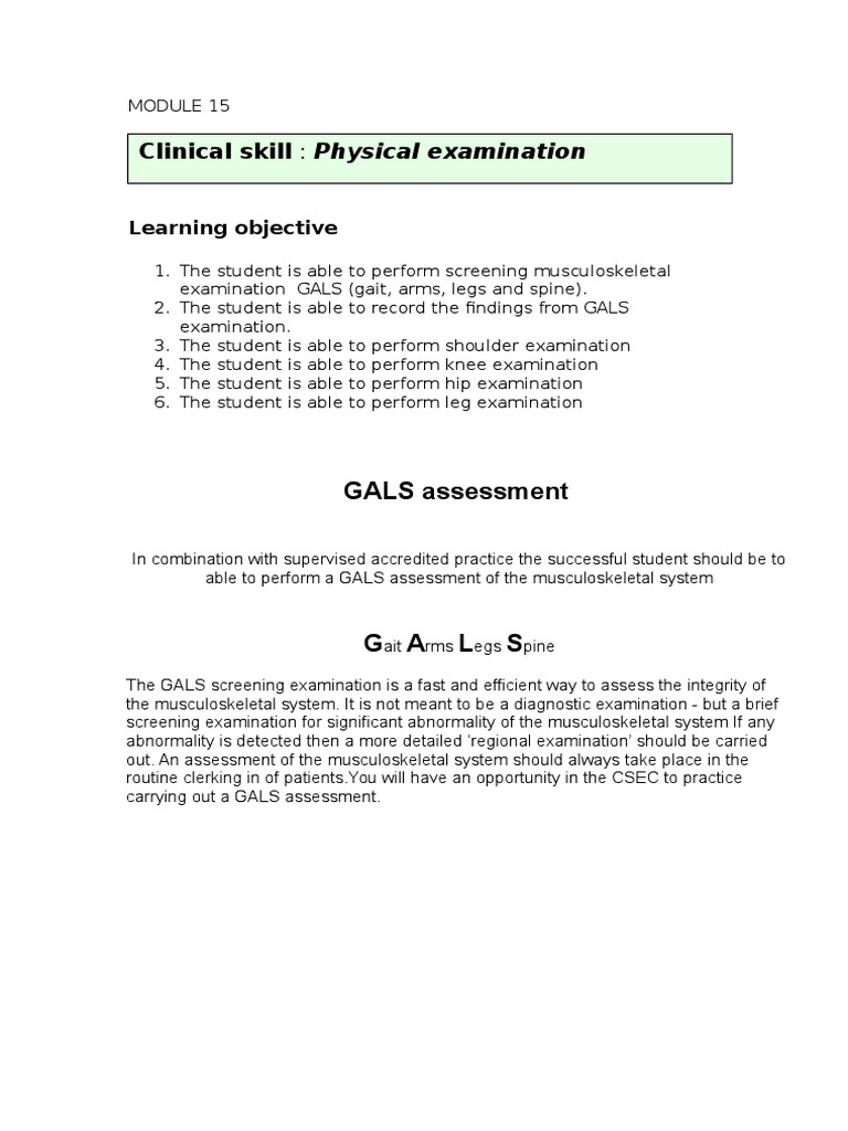 GALS Assessment | PDF | Shoulder | Anatomical Terms Of Motion