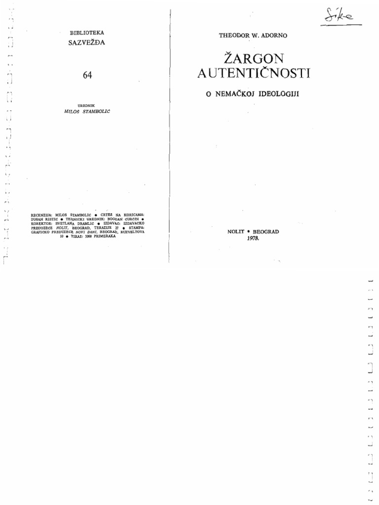 Teodor Adorno Zargon Autenticnosti | PDF