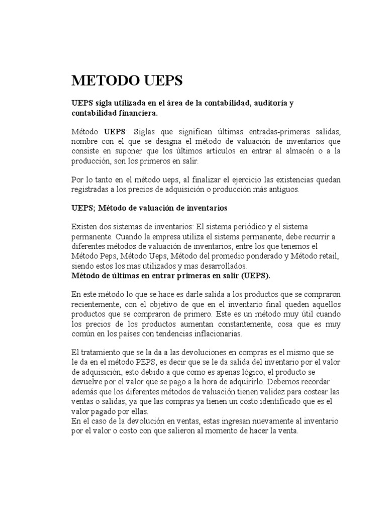 Método UEPS en Valuación de Inventarios | PDF | Inventario | Valoración ...
