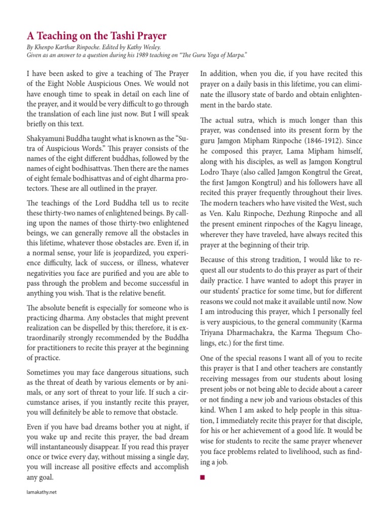 Tashi Prayer Teaching PDF | Download Free PDF | Prayer | Gautama Buddha