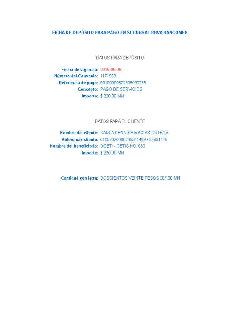 Ficha de Depósito para Pago en Sucursal Bbva Bancomer | PDF