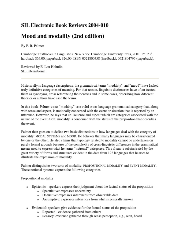 Mood and Modality (2nd Edition) : SIL Electronic Book Reviews 2004-010 | PDF | Grammatical ...