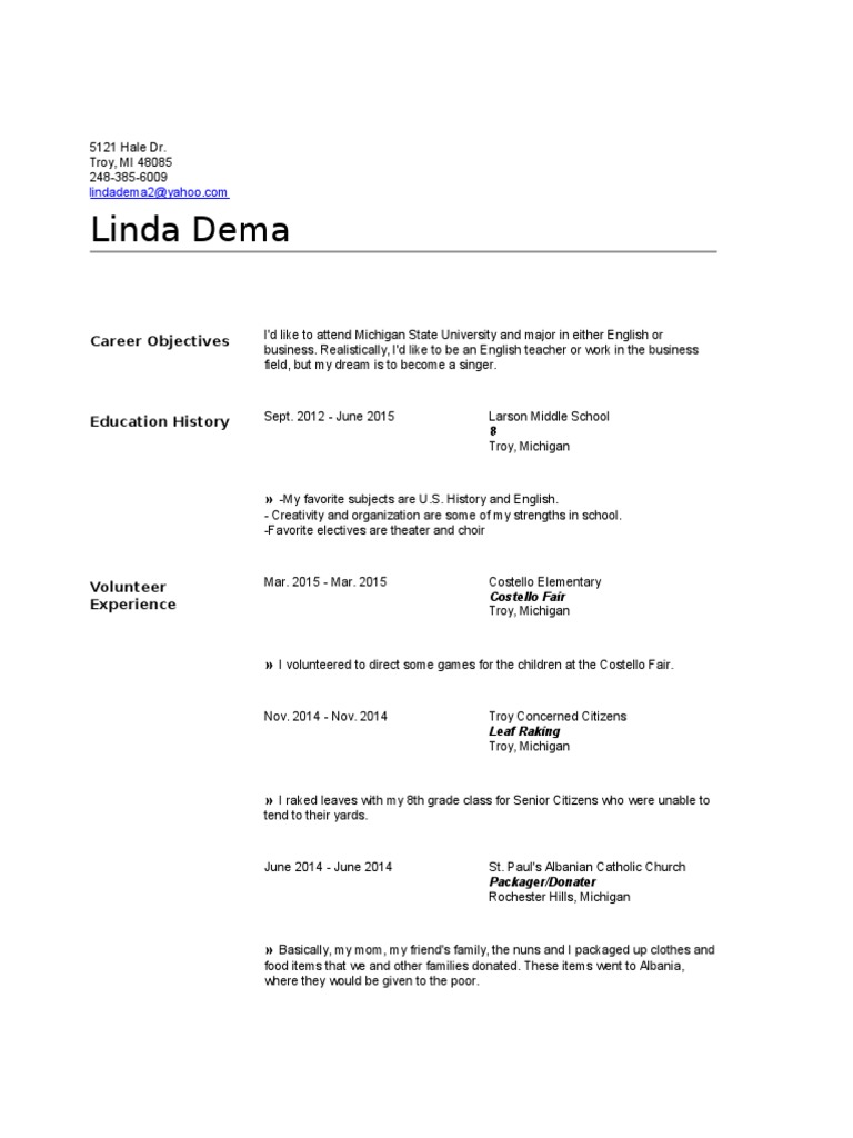 Linda Dema 8th Grade Resume | PDF