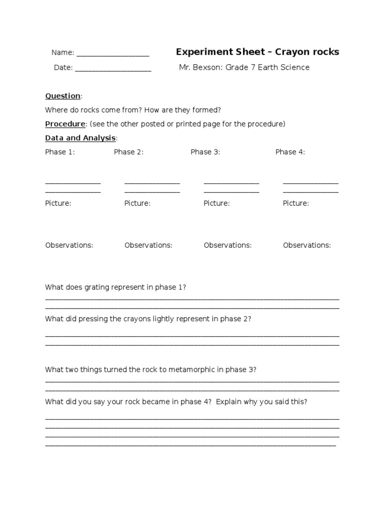 Experiment Sheet - Crayon Rocks: Mr. Bexson: Grade 7 Earth Science | PDF