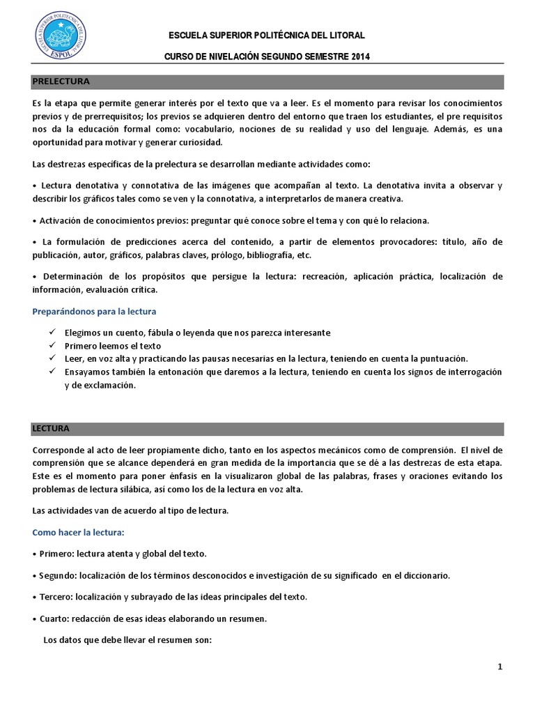Pre Lectura, Lectura y Poslectura | PDF | Lectura (proceso) | Ciencia ...