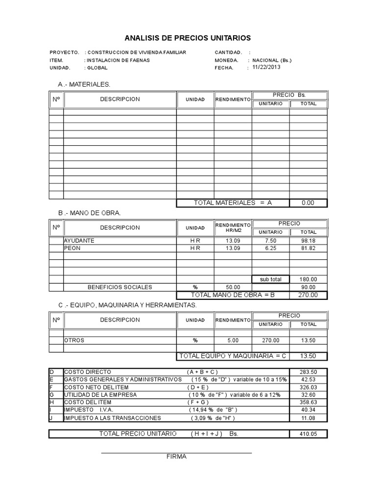 Analisis de Precios Unitarios Completos | Hormigón | Cemento