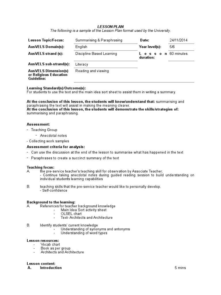 Lesson Plan: Summarising & Paraphrasing | PDF | Lesson Plan | Teachers