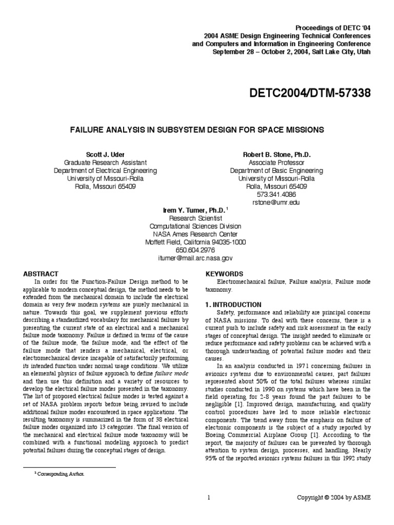Failure Analysis in Subsystem Design For Space Missions | PDF ...