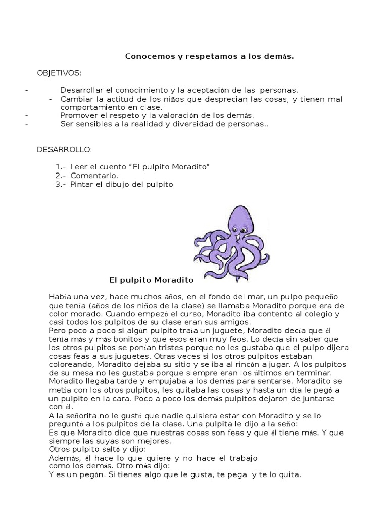 Cuento Pulpito Moradito. Niños Que Menosprecian A Los Demás | PDF | Ocio