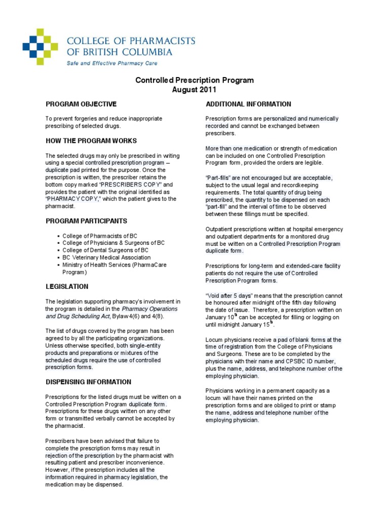 Controlled Prescription Program August 2011: Program Objective ...