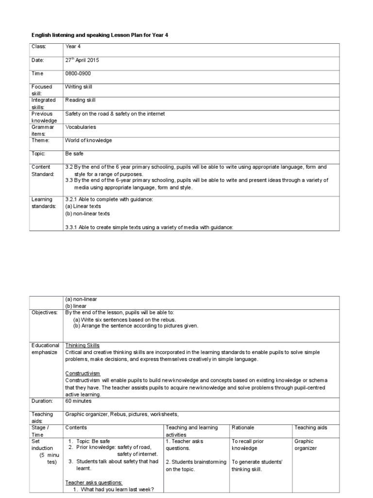 English Writing Lesson Plan For Year 4 | PDF | Lesson Plan ...
