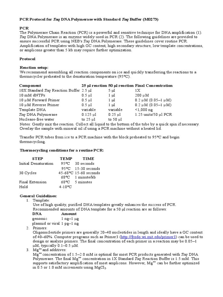 Taq DNA Polymerase PCR Protocol | PDF | Polymerase Chain Reaction | Taq ...