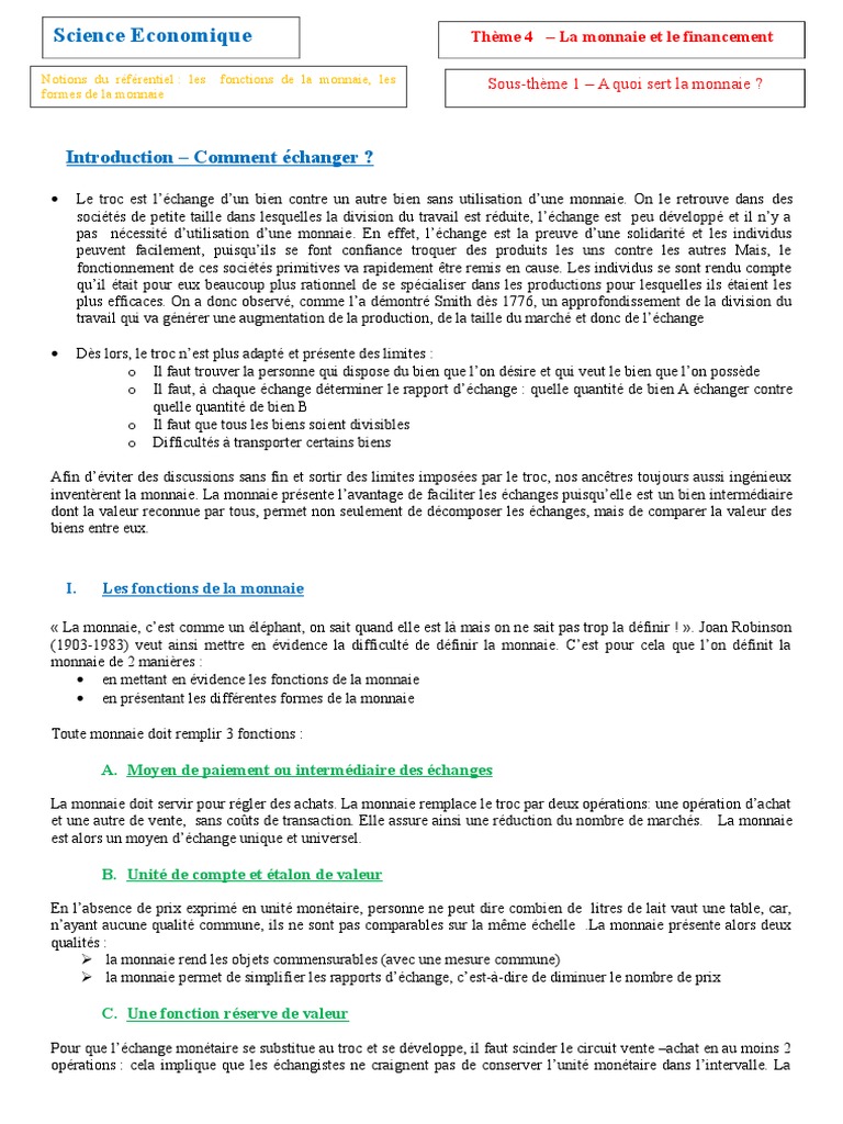 Fonctions essentielles de la monnaie | PDF | Monnaie fiduciaire ...