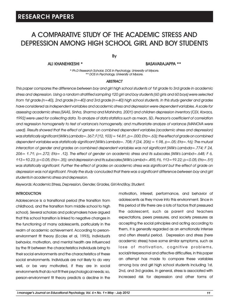 A Comparative Study of The Academic Stress and Depression Among High ...