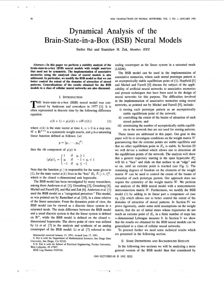 Dynamical Analysis The Brain-State-in-a-Box (BSB) Neural Models ...