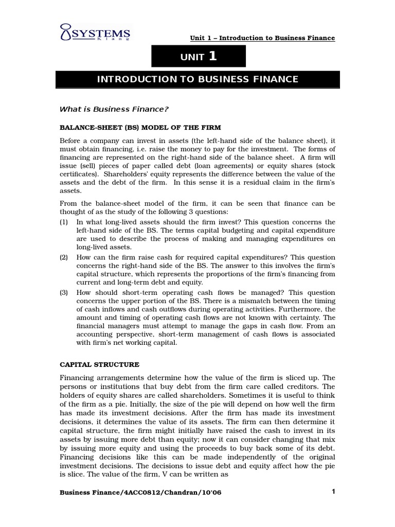Unit 01 Introduction To Business Finance | PDF | Stocks | Financial Markets