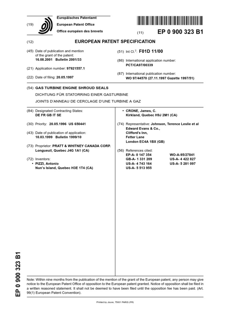 European Patent Specification F01D 11/00: Printed by Jouve, 75001 PARIS ...