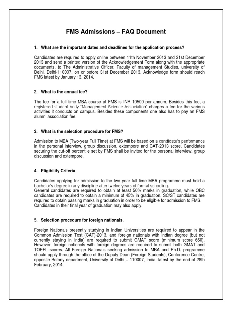 FMS Admissions - FAQ Document: 1. What Are The Important Dates and ...