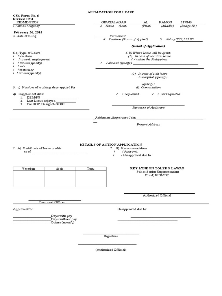 Application For Leave CSC Form No. 6 Revised 1984 | PDF