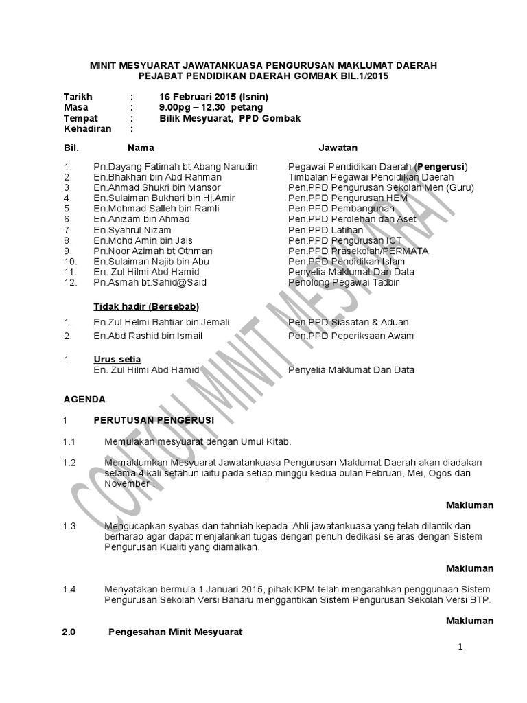 Contoh Minit Mesyuarat JPMS | PDF