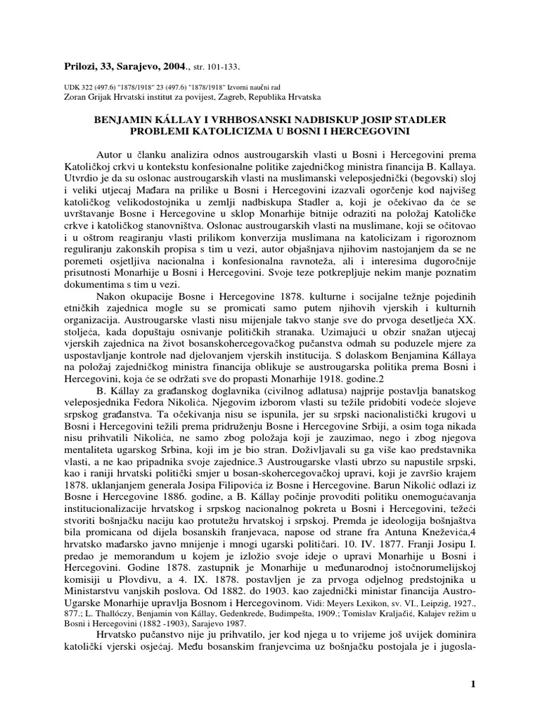 Benjamin Kalaj I Vrhbosanski Nadbiskup Josip Štadler, Problem ...