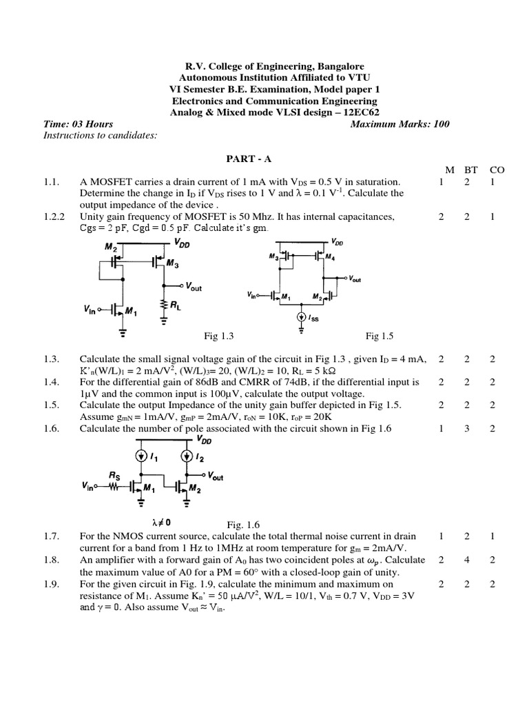 Analog & Mixed-Mode VLSI Design Exam: Questions Covering MOSFET ...