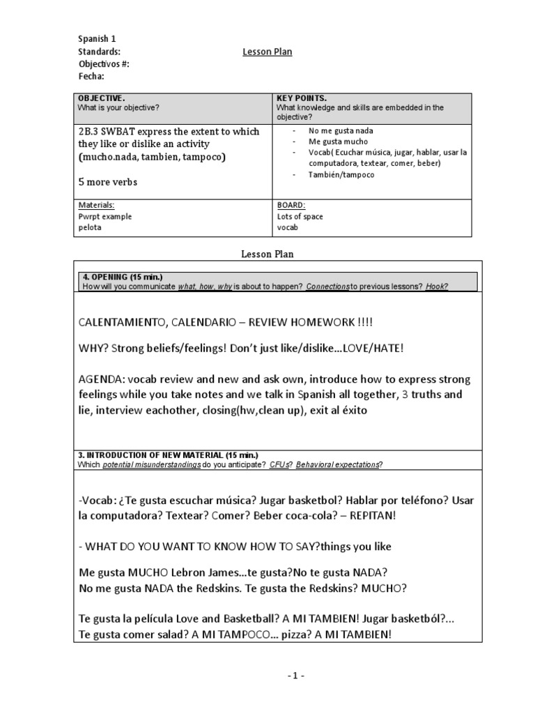 Spanish 1 Lesson Plan: Expressing Likes/Dislikes | PDF ...