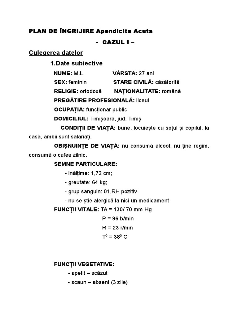 Plan de Îngrijire Apendicita Acuta | PDF