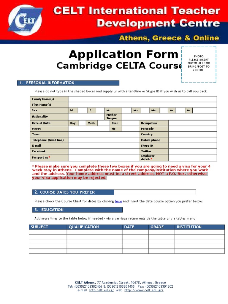 Application Form: Cambridge CELTA Course | PDF | Travel Visa | Fee