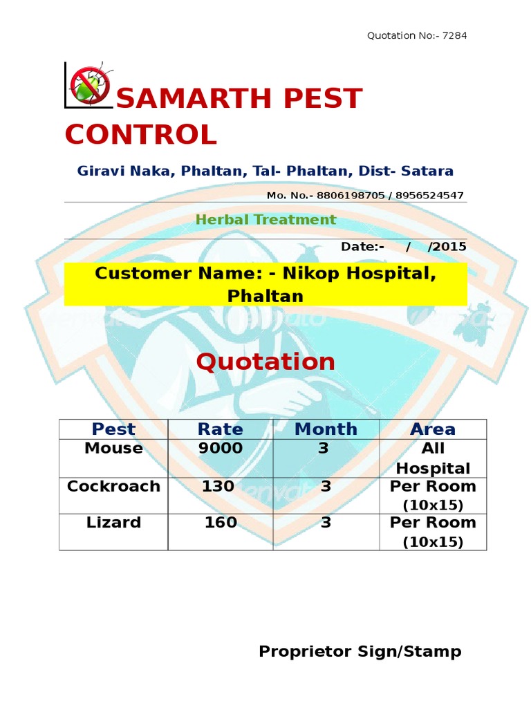 Pest Control Quotation for Nikop Hospital | PDF