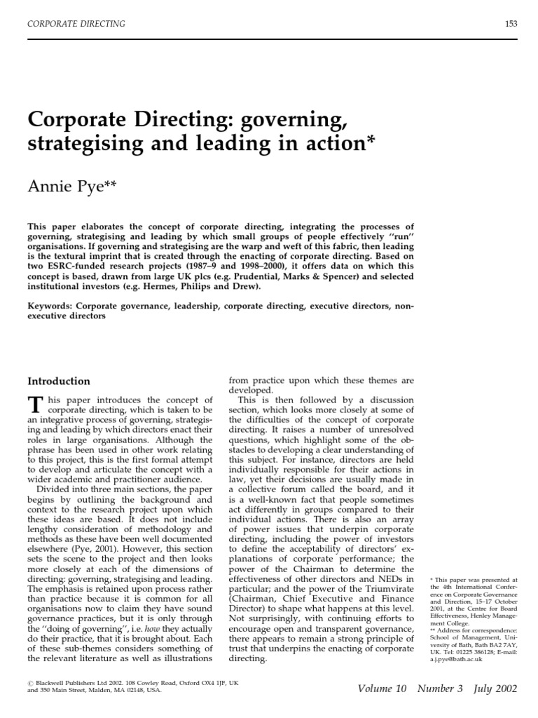 Pye A Corporate Directing Governing Strategising and Leading in Action ...