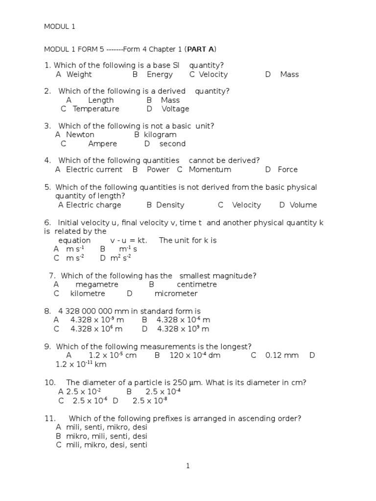 MODUL 1 FORM 5 (Fizik) | PDF | Units Of Measurement | Velocity