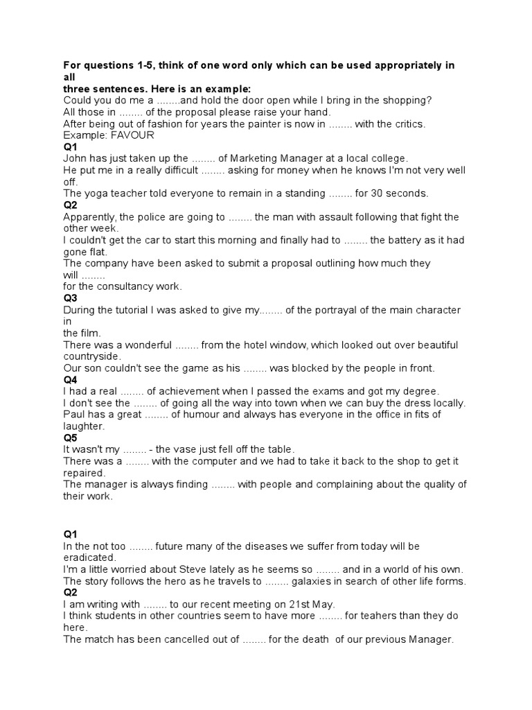 For Questions 1-5, Think of One Word Only Which Can Be Used ...