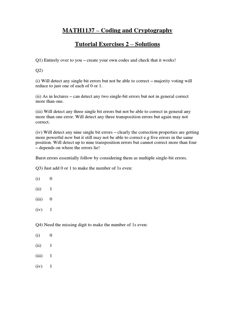 MATH1137 - Coding and Cryptography Tutorial Exercises 2 - Solutions | PDF